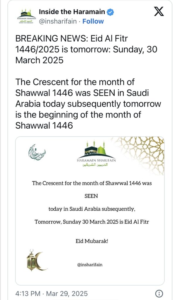 Eid-ul-Fitr 2025: Saudi Arabia declared March 30 as first day of Eid