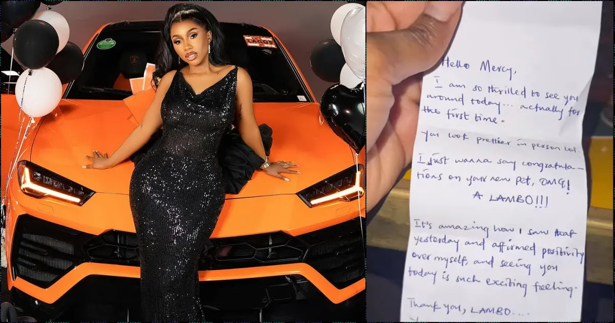 Mercy Eke shares heartfelt note from lady inspired by her Lamborghini