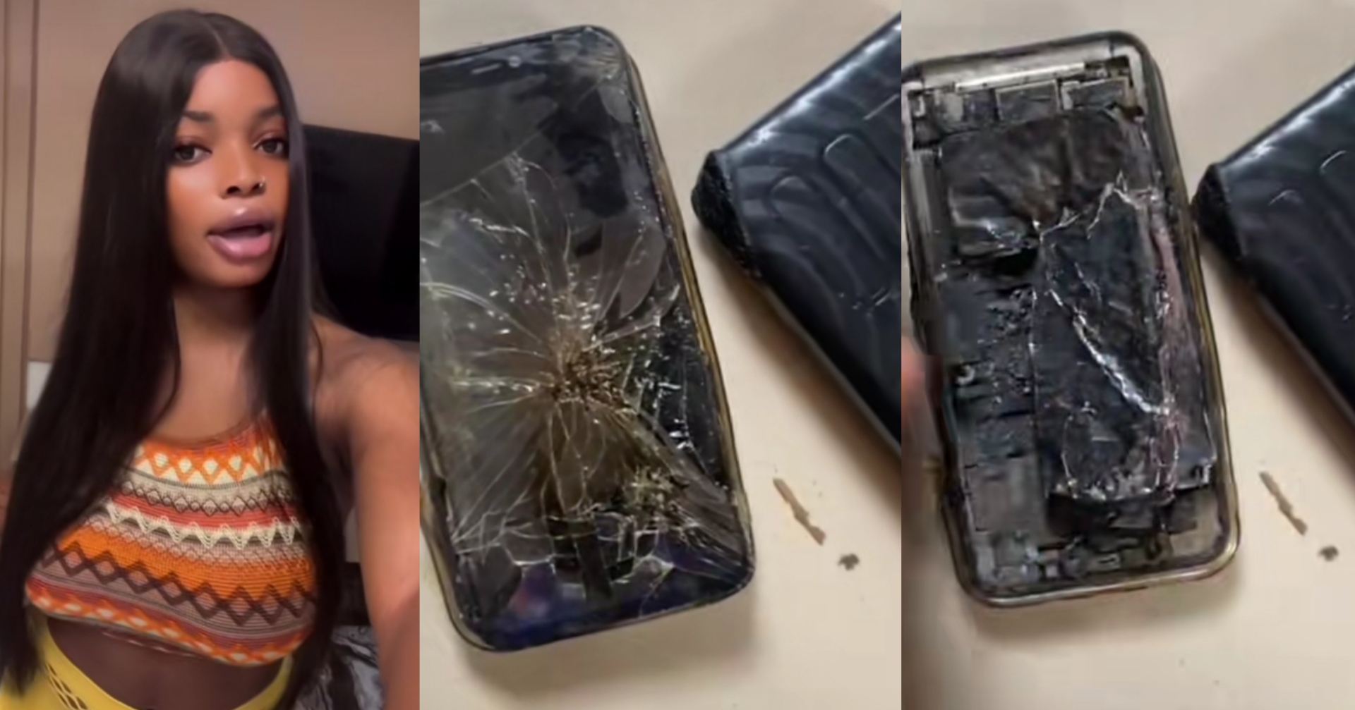 Lady laments as her iPhone explodes while charging with power bank