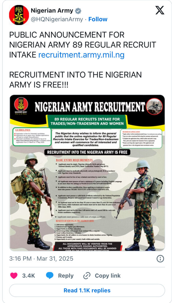 APPLY NOW: Nigerian Army announces 2025 recruitment