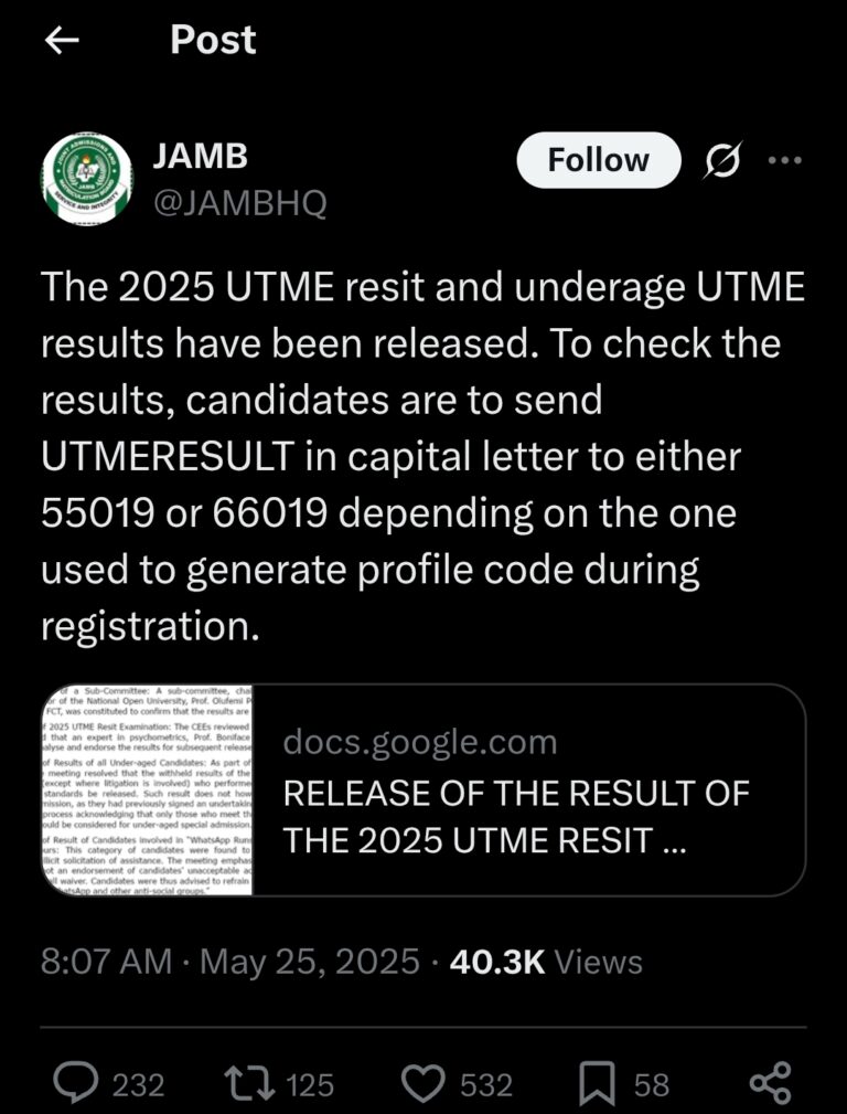 JAMB announces release of 2025 UTME resit results