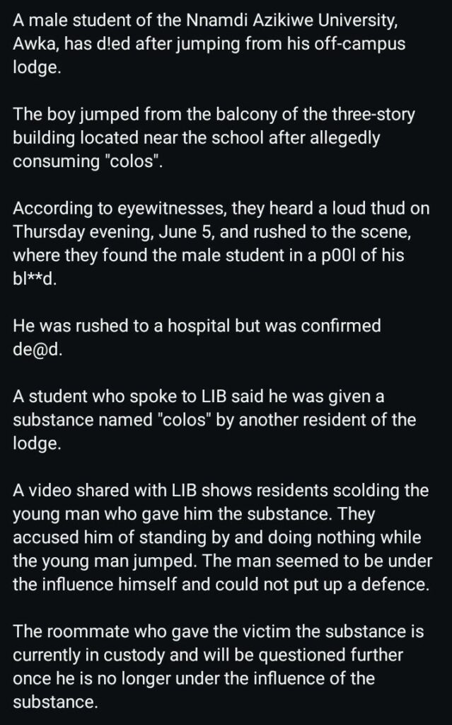 Tragedy as UNIZIK student passes away after jumping from three-storey ...