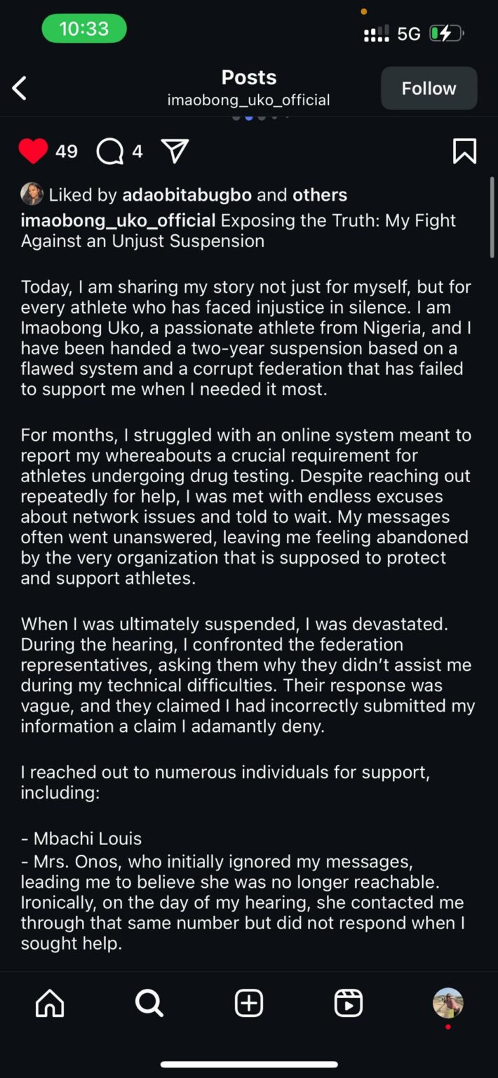 Nigerian athlete Imaobong accuses AFN of neglect