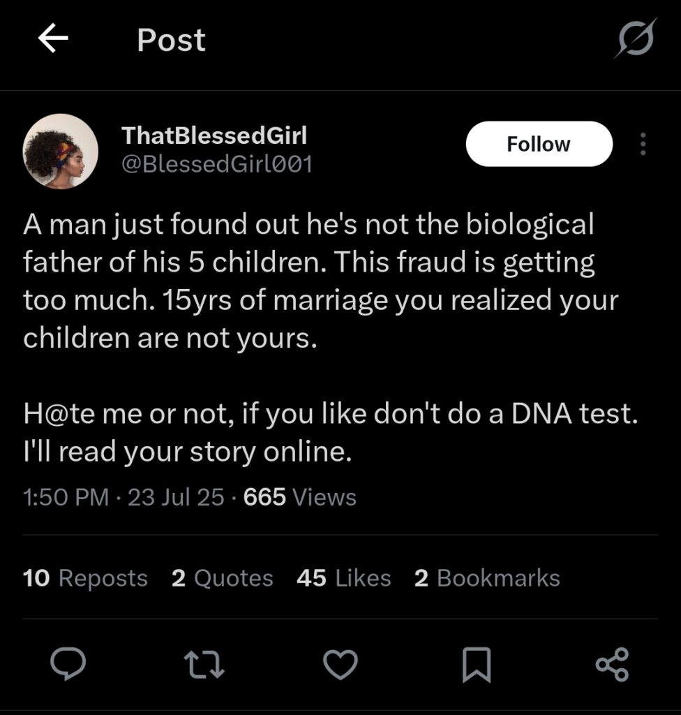 Man discovers through DNA none of 5 children are his