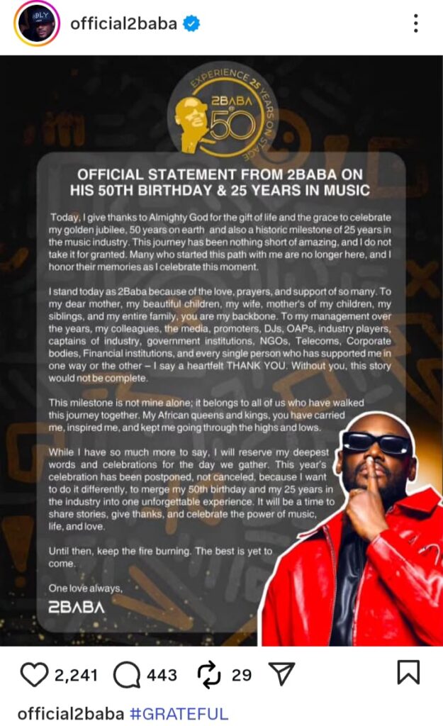 2face marks 50th birthday, 25 years in music