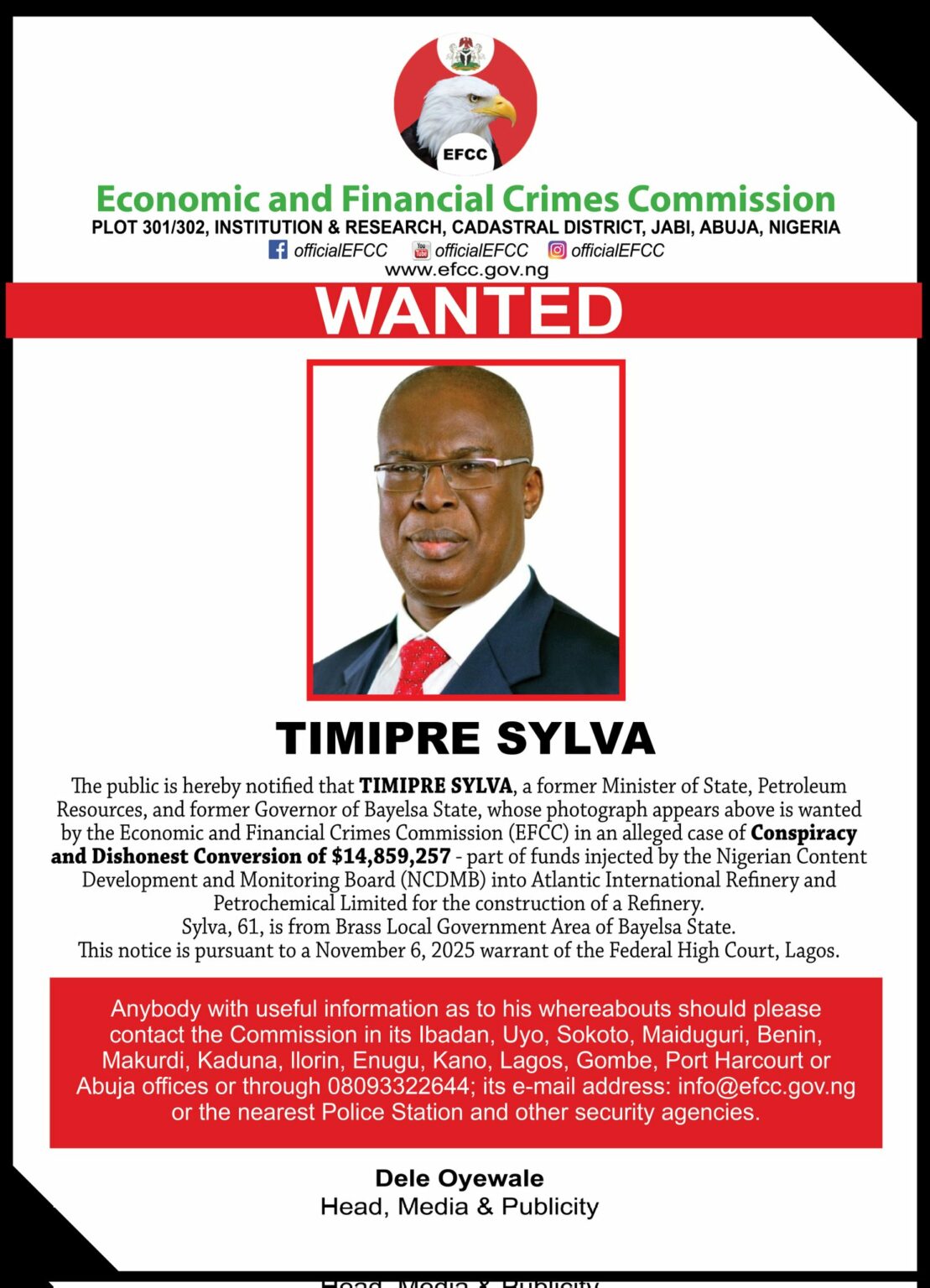 Timipre Sylva replies EFCC after being declared wanted