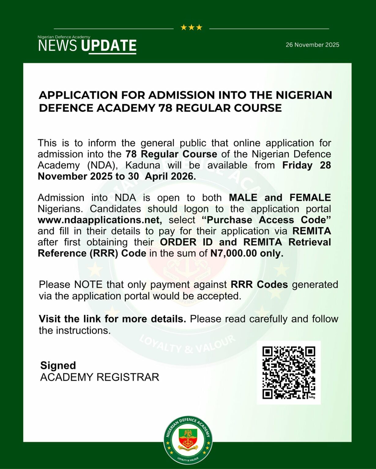 Nigerian Defence Academy opens online application portal for 78 Regular Course