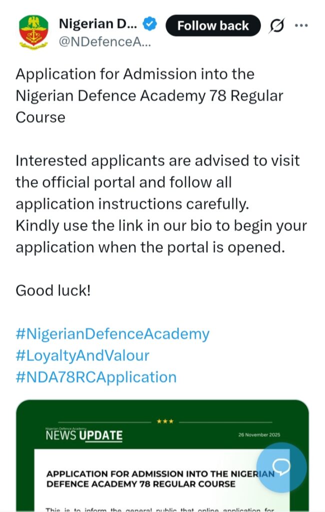 Nigerian Defence Academy opens online application portal for 78 Regular ...