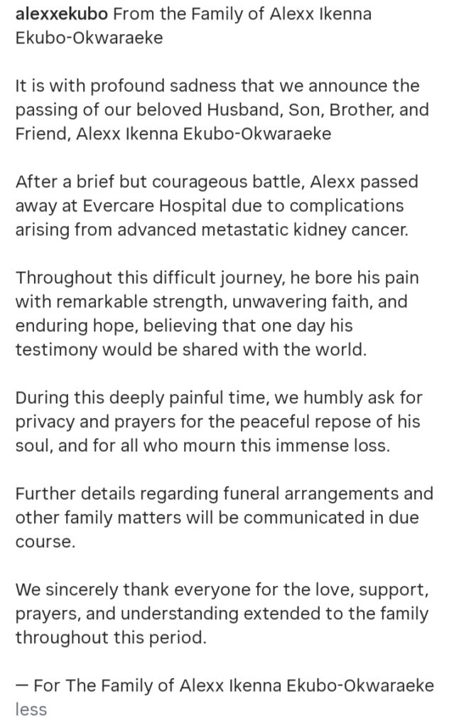 Family of late Alexx Ekubo breaks silence