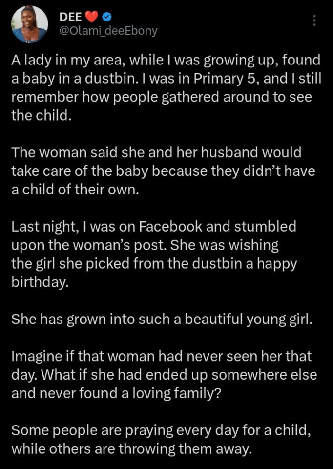 “She found the baby in a dustbin...” – Lady shares touching story