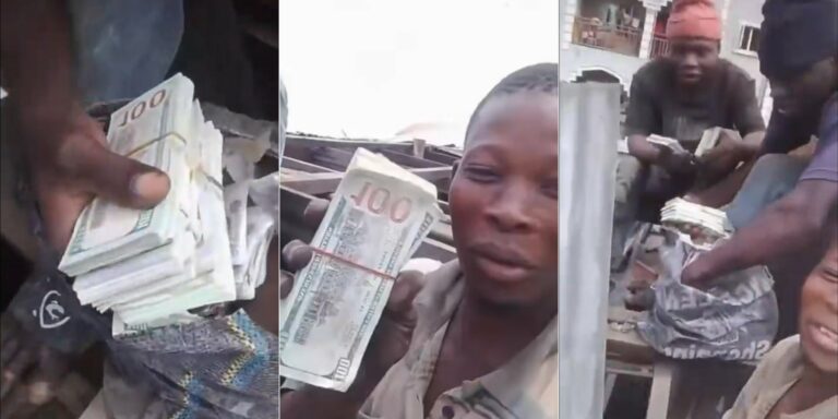 Young men shows off stacks of dollars found in sack