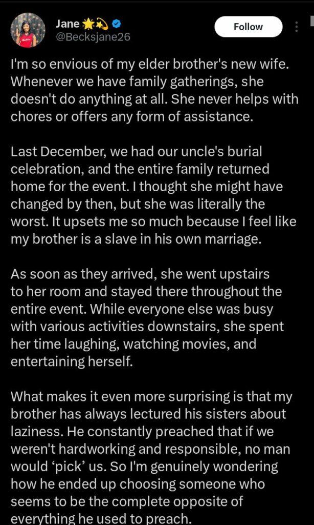 “She‘s very lazy… ” — Lady bash brother for getting married to opposite ...