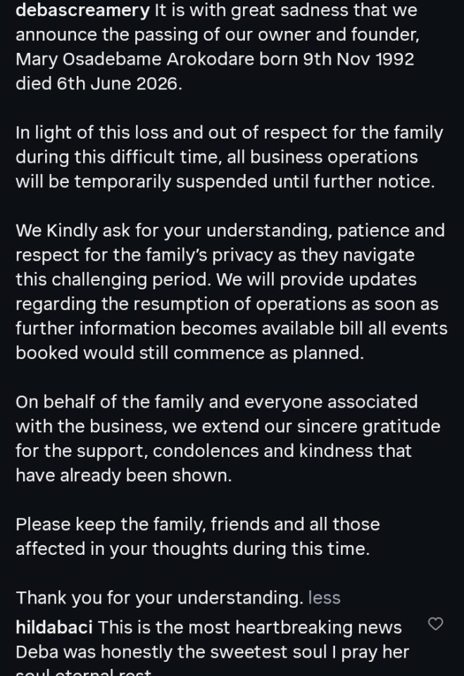 "On behalf of...."- Tragedy as Nigerian chef passes away, Hilda Baci mourns