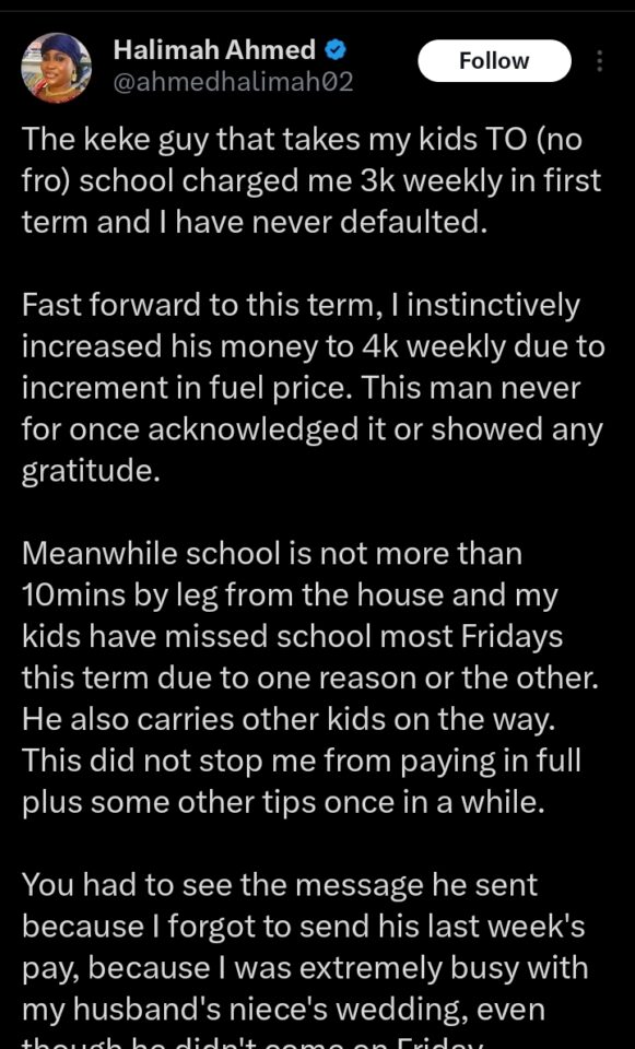 "For ten years"- Woman pays tricycle driver weekly, shares why she stopped