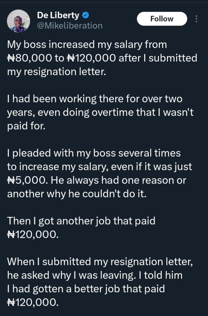 “My boss increases my salary from ₦80k to ₦120k after I submitted my ...